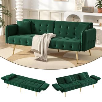Generic Schlafsofa 2 Sitzer Samt mit XXL Liegefl&auml;che 215cm Verstellbare Armlehnen & R&uuml;ckenlehne Splitback Goldene Beine Stabil 6 F&uuml;&szlig;e G&auml;stebett Sofa Bed Velve