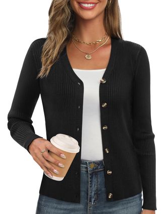 Grace Karin Gerippte Damen Strickjacke Langarm V-Ausschnitt mit Knopfleiste Elegant Weich Warmer Pullover f&uuml;r Winter