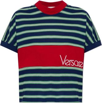 Versace Femme, Tops, Bleu, Taille: 38 FR T-shirt en coton &agrave; rayures intarsia et logo brod&eacute;