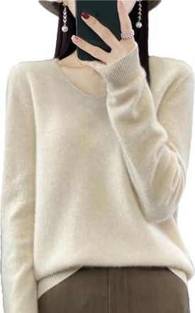 Generic Pull à col en V 100 % laine mérinos pour femme - Pull en tricot cachemire - Automne et hiver - Coupe ample, beige, M