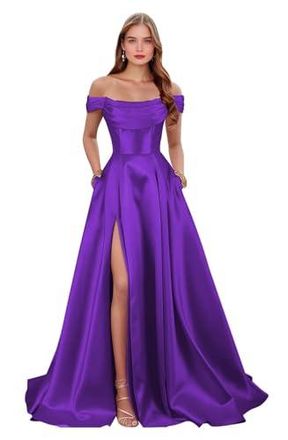 Generic Robes de bal en satin avec fente sans bretelles, corset trapèze, robes de bal à épaules dénudées, longues robes de soirée formelles avec poches, viole