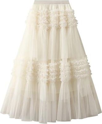 Generic Jupe Tulle Femme Tutu Jupe Jupes Femme Printemps 2025 Style F&eacute;e - Longue R&eacute;tro en Dentelle Superpos&eacute;e avec Grand Volume pour Look Romantique