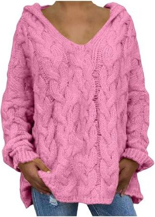 Generic Pull en tricot à col en V pour femme avec manches longues creuses, pull à capuche pour femme, pull tricoté de couleur unie pour femme, pull en crochet