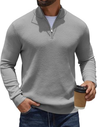 Coofandy Herren Pullover Rei&szlig;verschluss Rollkragenpullover Langarm Strickpullover Pulli Sweater Leichter Winterpullover Mittelgrau XXL
