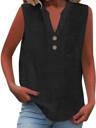 Generic Débardeur pour femme en coton et lin - Léger et confortable - Sans manches - Débardeurs dété - Col en V - Ample - Haut de plage sexy - Chemisier décon