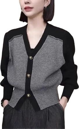 Generic Cardigan en tricot &agrave; col en V pour femme avec boutons cor&eacute;ens et manches longues, gris, Taille XL