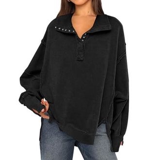 Generic Sweat-shirt surdimensionn&eacute; pour femme | Bouton-haut et bas fendu, pull &agrave; manches longues, v&ecirc;tements tendance - pour le sport, Noir, XL