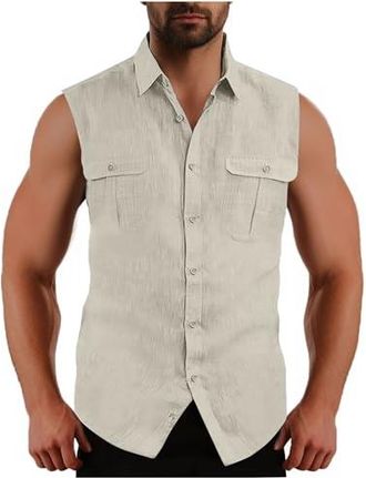 Generic D&eacute;bardeur pour homme l&eacute;ger et &eacute;l&eacute;gant avec col rabattable, uni, respirant, classique, confortable, d&eacute;contract&eacute;, sans manches, pour l&eacute;t&eacute;, la plage, Kak