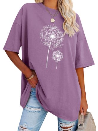 Dresswel Tshirt Damen Oversize Pusteblume Druck T-Shirt Kurzarm Rundhals L&auml;ssiges L&ouml;wenzahn Blumen Tee Shirts Sommer Oberteile Lose Lang Tops Bluse f&uuml;r Teenage