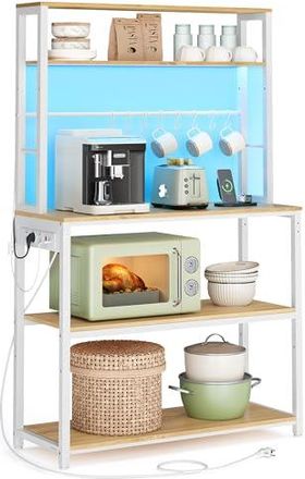 Vasagle Étagère de Cuisine avec LED, Meuble de Cuisine avec Multiprise, Support pour Micro-Ondes avec Étagères Réglables, 8 Crochets, 40 x 80 x 168,4 cm, Doré