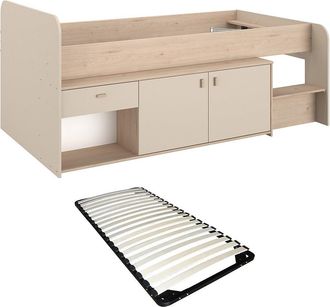 Vente-Unique Lit mi-Hauteur 90 x 190/200 cm Avec rangements &ntilde; Beige et Naturel + Sommier - LUNOBI