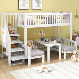 Generic Etagenbett 90x200cm & 120x200cm, Hochbett Kinder, Kinderbett, mit Multifunktionaler höhenverstellbarer Tisch, Stabile Aufbewahrungstreppe, Geländer, K