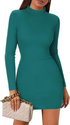 Zeagoo Winterkleider Damen Langarm Rollkragen Party Kleider Elegant Bodycon Kleid Herbstkleid Blau Gr&uuml;n XXL