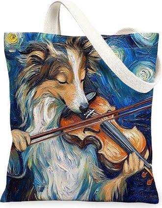 Generic Rough Collie Sac fourre-tout en toile r&eacute;utilisable pour faire du shopping 33 x 38,1 cm, motif violon &eacute;toil&eacute;, sac d&eacute;picerie pour femme, animal domestiq