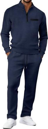 Generic Survêtement 2 pièces pour homme avec polos, fermeture éclair quart de long, ensemble de jogging assorti, bleu marine, 3XL