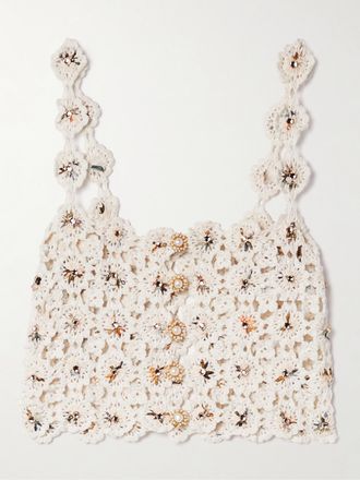 Agua Bendita + Net Sustain Zilia Caracola Verk&uuml;rztes Oberteil Aus Geh&auml;kelter Baumwolle Und Bedrucktem Cr&ecirc;pe Mit Verzierungen - Wei&szlig;