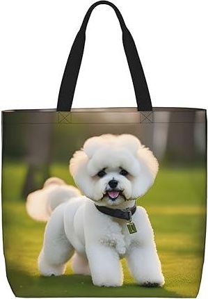 Generic Bichon Fris&eacute; Sur LHerbe Sac Fourre-Tout Grand Sacs De Courses L&eacute;ger Sac A Main Femmes Pour Travail Shopping Quotidienne