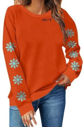 Generic Pull de Noël pour femme fantaisie avec inscription « Merry Christmas » sans capuche, col rond, manches longues, A-orange, 3XL