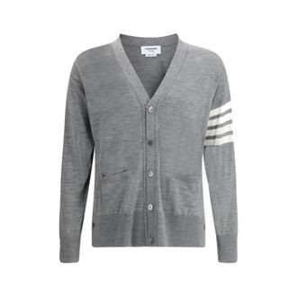 Thom Browne Homme, Pulls, Gris, Taille: XL Poignets Ray&eacute;s Cardigan en Laine Polaire