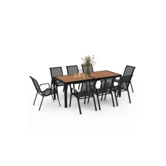 IDMarket Salon de jardin NOUMEA table 190 cm plateau verre tremp&eacute; effet bois et 8 chaises empilables noir et bois