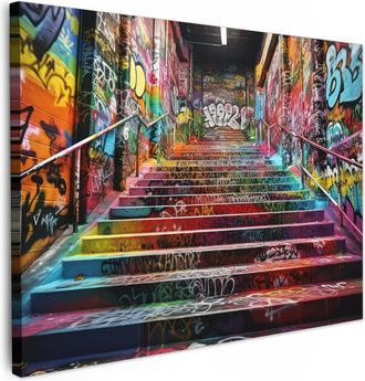 MuchoWow © Bilder 80x60 cm Wohnzimmer Deko Modern Wandbild Foto auf Leinwand Bild Schlafzimmer Room Decor Geschenke Banksy - Street Pop Art - Treppe - Graffiti