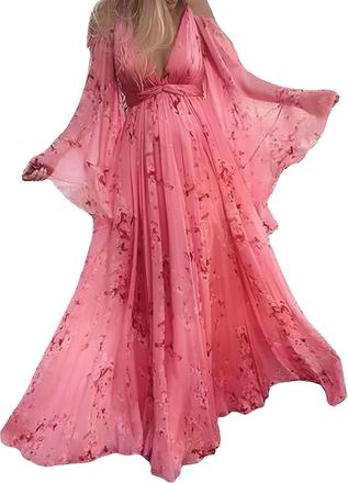 Generic Pinkes Kleid Damen - Frauen V-Ausschnitt Floral Rosa Langen Rock Schwangere Frauen Swing Kleid Casual Rock Damen Kleid Rot Elegant