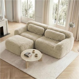 Generic Modernes 2-Sitzer-Sofa, modulares Sofa, rutschfeste Basis, mit 2 Kissen, extra breite ergonomische Armlehnen,for Lesen und Arbeiten(Caqui Claro+Peluch
