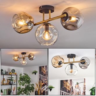 HOFSTEIN Deckenleuchte Ripoll, 3-flammige Deckenlampe aus Metall/Glas in Schwarz/Gold/Bernstein/Rauch/Klar, Leuchte im Retro/Vintage-Design (Schirme Ø 15 cm), 