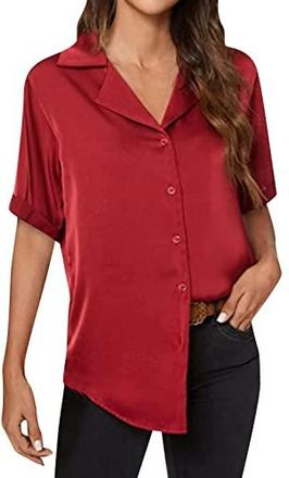 Generic T-shirts et chemisiers pour femme - Haut &agrave; manches courtes confortable - Chemise boutonn&eacute;e &agrave; manches courtes - Couleur unie - Chemise surdimensionn&eacute;e 