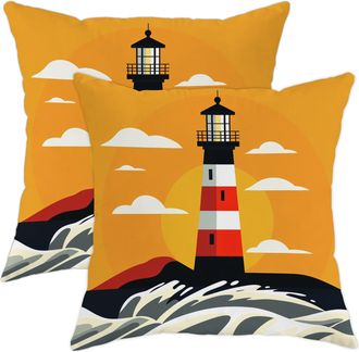 Generic Sonnenuntergang Leuchtturm Maritim Dekorativer Kissenbezug 2er Set für Zuhause Sofa Bett Couch Wohnzimmer Balkon Garten, Orange, 40x40 cm