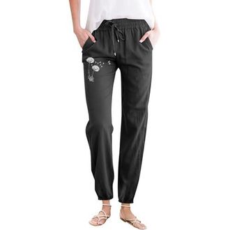 Generic Pantalon en coton et lin pour femme - Jambe large - Pantalon de plage d&eacute;t&eacute; pour femme - Confortable - Pantalon de yoga Palazzo XIYU26031, Noir, 3XL