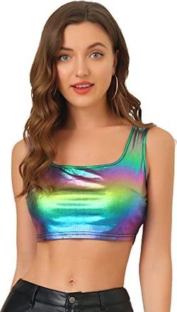 Allegra K Haut Court métallisé pour Femme, débardeur de fête sans Manches, Brillant, Haut à Ventre Nu Violet foncé XS