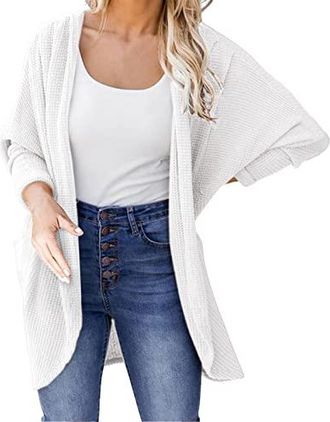 Generic 2026 Vestes pour femmes ouvert sur le devant long tricot doux pull couleur unie manches l&acirc;che veste d&eacute;contract&eacute;e cardigan, blanc, XXL