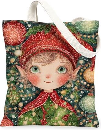 Generic Sacs fourre-tout en toile motif f&eacute;es de No&euml;l, sacs d&eacute;picerie r&eacute;utilisables, art vintage, l&eacute;ger, lavable, multicolore, 13x15 Inch