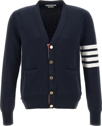 Thom Browne Homme, Pulls, Bleu, Taille: 2XL Cardigan col en V en cr&ecirc;pe de coton