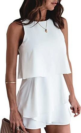 Minetom Femme Combishort sans Manches Rompers Shorts Couleur Unie Jumpsuit Mousseline de Soie Fête Playsuit Y5 Blanc 34