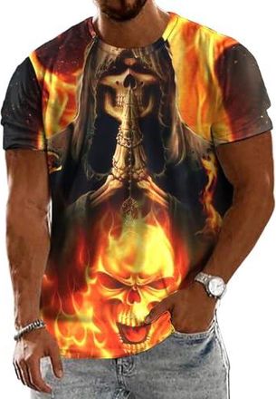 Generic T-shirts dHalloween pour homme &agrave; col rond - D&eacute;contract&eacute; - Vintage - Squelette - Flamme - T-shirt basique gothique - Tissu d&eacute;t&eacute; - F&ecirc;te - Vacances, Sque