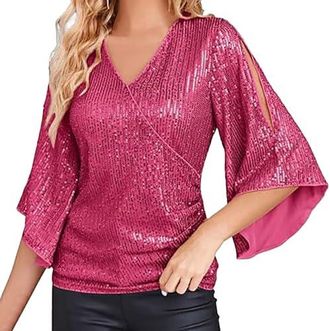 Generic Chemisier &agrave; paillettes avec col en V et manches &eacute;vas&eacute;es - Haut &eacute;l&eacute;gant pour f&ecirc;te, soir&eacute;e, soir&eacute;e - Chemise habill&eacute;e d&eacute;contract&eacute;e, rose vif, XXL