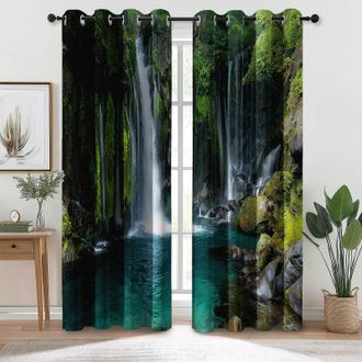 Generic H 200 x B 70 cm (2er Pack) Thermo Verdunkelungsvorhang f&uuml;r Wohn- und Kinderzimmer Natur Landschaft Wasserfall Moos Gr&uuml;n, blickdichte Gardine mit &Ouml;sen