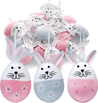 Com-Four 12x Dekoaufhänger Ostern - Osterhase in Ei-Form aus robustem Metall - Osterdeko zum Aufhängen an Strauch, Baum, Tür und Fenster (grau + rosa)