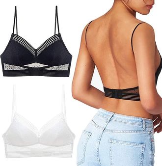 Generic 2 Pcs BH f&uuml;r Tiefen R&uuml;ckenausschnitt Damen Spitzen BH Push Up Sexy U-f&ouml;rmiger Lifting-BH Komfort Bralette Ohne B&uuml;gel V-Ausschnitt Bustier R&uuml;cken-BH Un