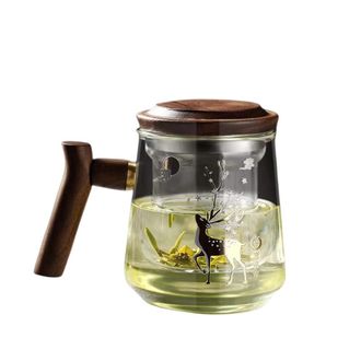 Generic Mond Hirsch Teetasse Glas dreiteiliger Becher Seitengriff Trinkbecher mit Sieb und Deckel Kaffeetasse mit Sieb und Holzgriff (transparenter Hirsch)