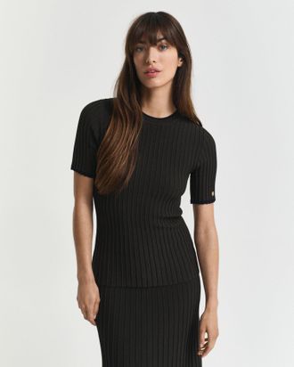 GANT Damen Gerippter Kurzarmpullover mit Kontrasten (XXXL) DARK MOSS Grün