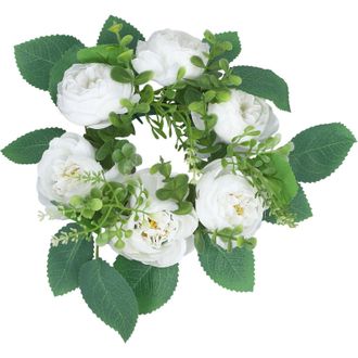 Angoily 2 St&uuml;ck K&uuml;nstlicher Pfingstrosen Kerzenring aus Seidenblumen Kompakter Hochzeits und Party Kerzenkranz Pflegeleichte Tischdekoration Wei&szlig;