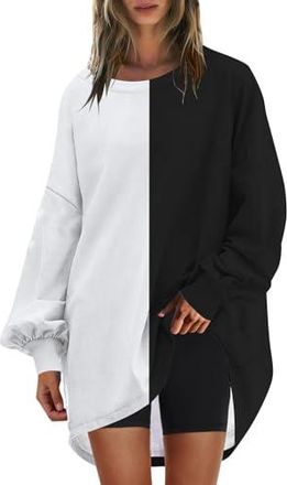 Generic Hauts surdimensionn&eacute;s pour femmes - Pull l&eacute;ger &agrave; moiti&eacute; noir et moiti&eacute; blanc - Grand col rond - Chemise de sport ray&eacute;e - Haut &agrave; manches longues - Tuni