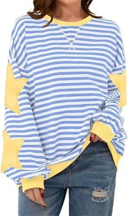 Generic Sweat-shirt ray&eacute; surdimensionn&eacute; &agrave; manches longues et col rond pour femme, bleu clair, XXL