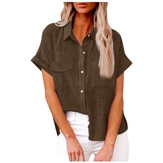 Generic Chemise d&eacute;t&eacute; en coton et lin &agrave; manches courtes pour femme - Tunique d&eacute;contract&eacute;e ample unie - V&ecirc;tements tendance avec poches, marron, XXL