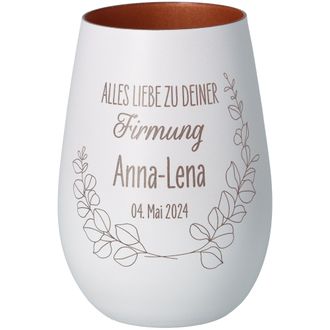 Goodtimes Windlicht Firmung mit individuellem Namen und Datum (Weiß & Bronze)