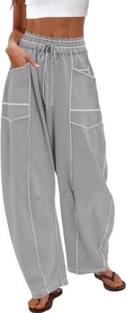 Generic Pantalon baggy baril pour femme - Jambe large - Cordon de serrage - Avec poches - Couleur unie - Style décontracté - Pantalon de sport à jambe large, 