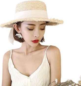 Generic Chapeau de paille pour femme avec noeud papillon - Chapeau de paille avec noeud en ruban blanc, chapeau de paille souple pour lété, le soleil et la pl